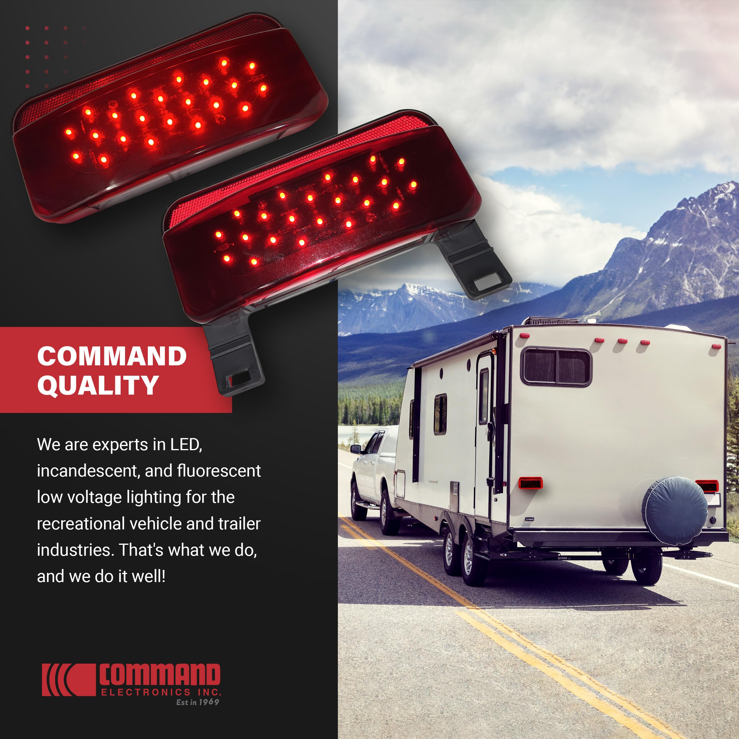 Command Electronics LED RV Camper Trailer Stop Turn Brake Tail Lights/License Light/Black Base