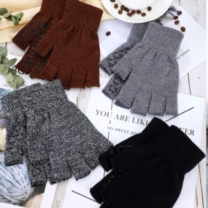 4 Pairs Unisex Winter Half Finger Knit Gloves Stretchy Non-Slip Winter Warm Knitted Fingerless Gloves (Black, Dark Gray, Gray, Brown)