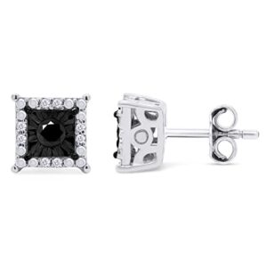 1/4 ctw black natural diamond square frame halo cluster miracle-set stud earrings womens 14k white gold over sterling silver (black color, i2-i3 clarity, 0.25 cttw)