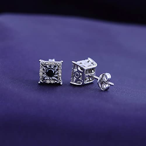 1/4 ctw Black Natural Diamond Square Frame Halo Cluster Miracle-Set Stud Earrings Womens 14k White Gold Over Sterling Silver (Black Color, I2-I3 Clarity, 0.25 Cttw)