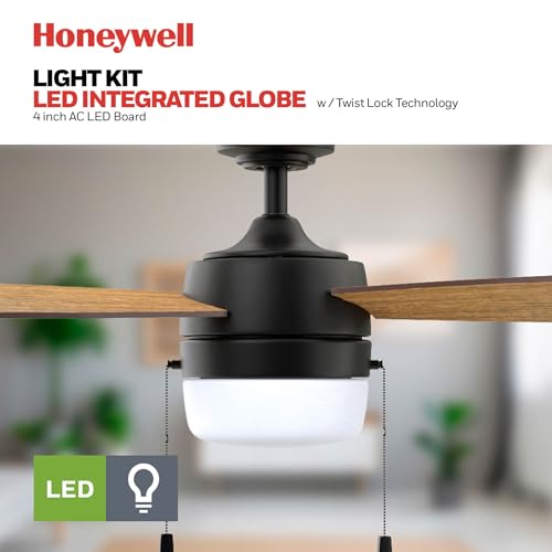 Honeywell Ceiling Fans Barcadero, 44 Inch Contemporary Indoor LED Ceiling Fan with Light, Pull Chain, Dual Mounting Options, Dual Finish Blades, Reversible Motor - 51476-01 (Matte Black)