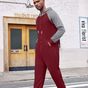 COOFANDY Mens Stylish Romper Christmas Jumpsuit One Piece Outfits Pajamas with Pockets (Wine Red/Grey S)