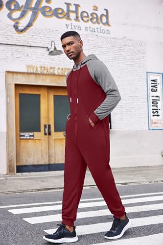 COOFANDY Mens Stylish Romper Christmas Jumpsuit One Piece Outfits Pajamas with Pockets (Wine Red/Grey S)