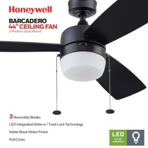 Honeywell Ceiling Fans Barcadero, 44 Inch Contemporary Indoor LED Ceiling Fan with Light, Pull Chain, Dual Mounting Options, Dual Finish Blades, Reversible Motor - 51476-01 (Matte Black)