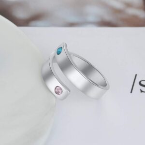 Love Jewelry Personalized Spiral Twist Ring with 2 Round Simulated Birthstones Custom Engraved Names Promise Rings for Women (silver)