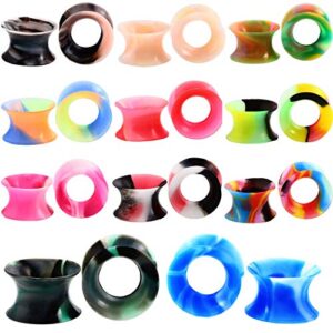 hishion 22pcs soft silicone tunnels plugs ear gauges 2g-16mm double flared mix colors expander set for women men body piercing jewelry(0g(8mm))