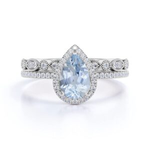 pb collection pear shape aquamarine & cz vintage halo wedding bridal ring set 925 sterling silver