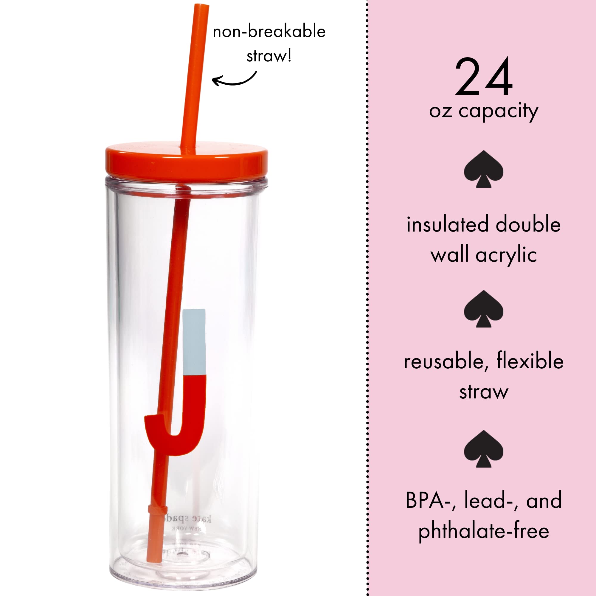 Kate Spade New York Insulated Initial Tumbler with Reusable Straw, 24 Ounce Acrylic Travel Cup with Lid, J (red)