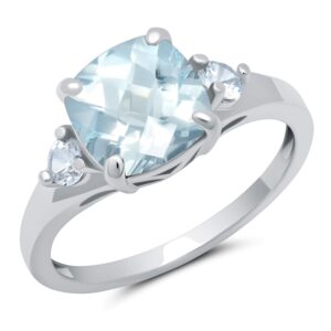 max + stone cushion cut blue aquamarine three stone ring for women in 10k white gold with created white sapphire accents and march birthstone size 6