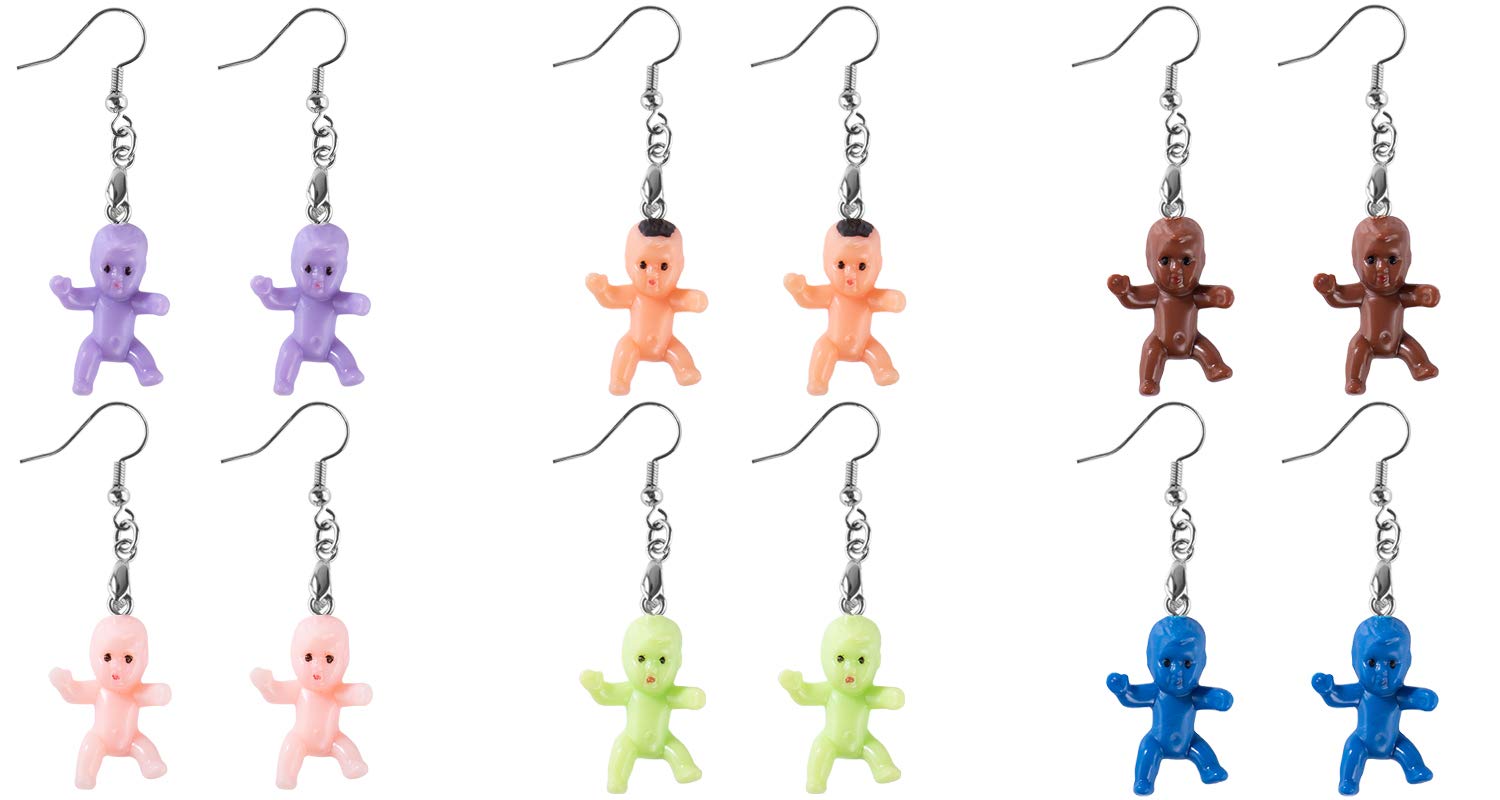 JUXINGDAZYF 6pcs Mini Plastic Baby Earrings, Dangle, Stainless Steel, 1-inch, Accessories Mixed Race, Funny, Party Gifts (Latin, White, Dark, Purple, Blue, Emerald Green)