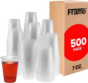 framo 7 oz clear disposable plastic cups, for any occasion, ice tea, juice, soda, and coffee glasses for party, picnic, bbq, travel, and events (500 pack)