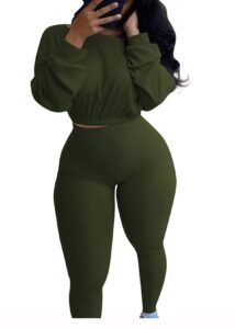 women ribbed 2 piece outfit fall winter crop tops skinny long pants bodycon tracksuit sweat suit set jumpsuit army green xl