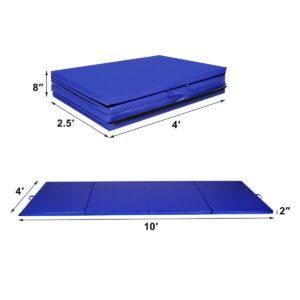 DORTALA Gymnastics Mat, 4'x10' Foldable Gym Exercise Mat with Carrying Handles, 4 Panel Folding Non Slip Mat for Home Gymnastics, Yoga, Fitness, Stretching Training ,Tumbling, Blue