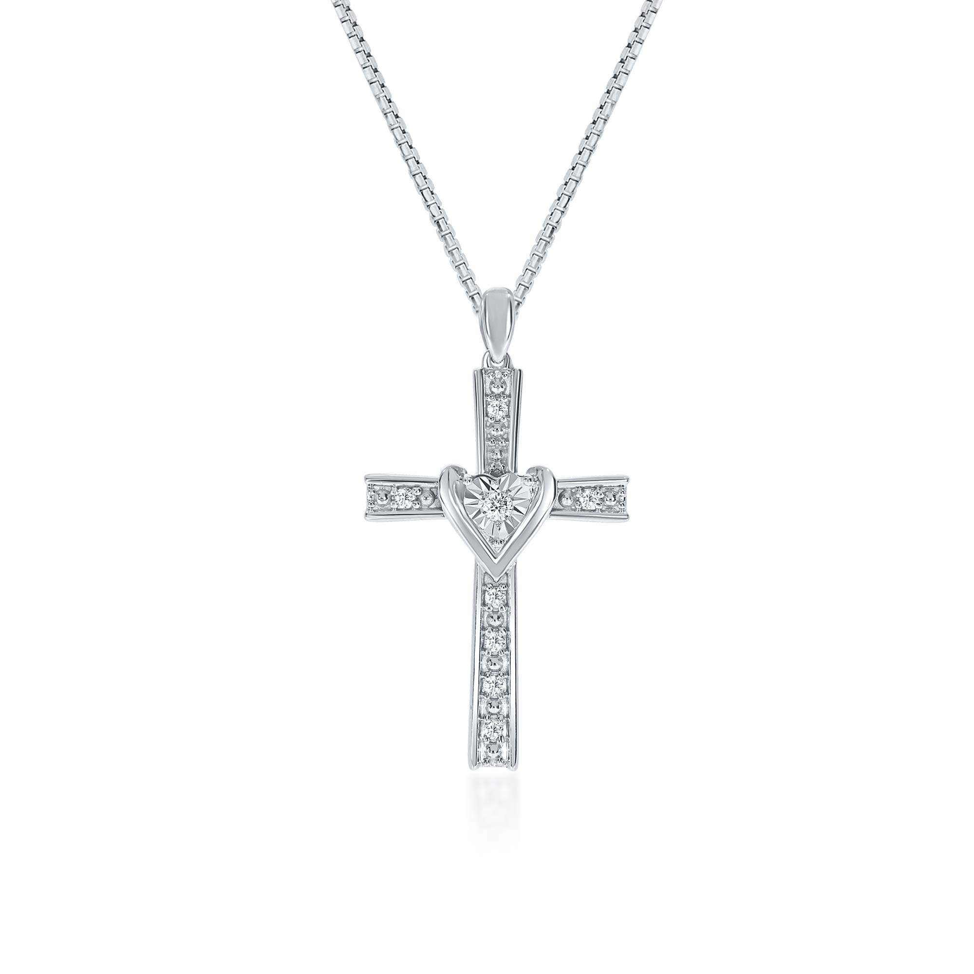 Sterling Silver Cross Heart Necklace for Women | Dainty 1/10 CTTW Lab Grown Diamond Cross pendant Necklace | Ideal Diamond Jewelry Gift for Women