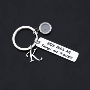 ENSIANTH Faith Mustard Seed Gift with Initial Letter With Faith All Things Are Possible Keychain Christian Inspirational Gift Religious Jewelry (K)