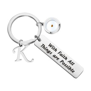 ensianth faith mustard seed gift with initial letter with faith all things are possible keychain christian inspirational gift religious jewelry (k)