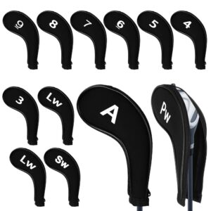 wior golf club head covers, 12pcs neoprene zippered golf wedge iron covers with large number tags & long neck, protective mesh golf iron head covers for men women, fit for most standard irons (black)