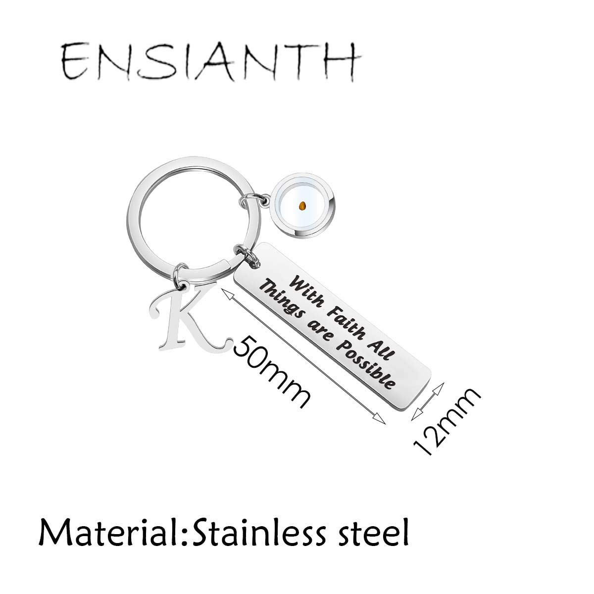 ENSIANTH Faith Mustard Seed Gift with Initial Letter With Faith All Things Are Possible Keychain Christian Inspirational Gift Religious Jewelry (K)