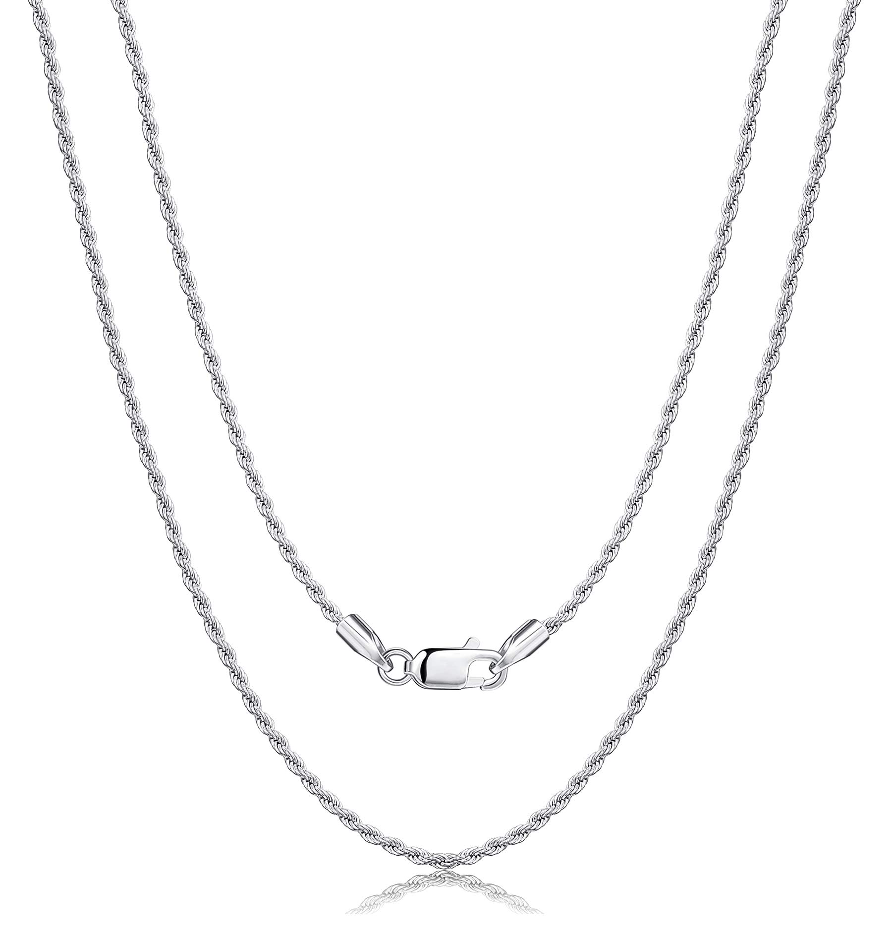 Milacolato 925 Sterling Silver 1.35MM Rope Chain Necklace for Women Men White Gold Plated Durable Italian Silver Necklace Chain Jewelry - Lobster Claw Clasp 16/18/20/22/24 Inches