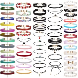 k&q 60 pcs choker necklace, classic stretch colorful gothic collar tattoo choker necklace andblack layered cute lace velvet choker necklace set for girls and women