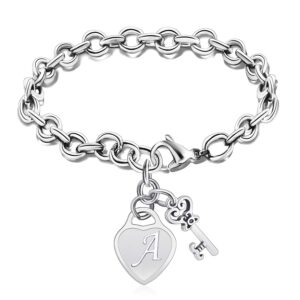 malyunin initial bracelets key heart charm bracelets for women charms bracelet for girls stainless steel bracelet 26 letters jewelry birthday christmas gifts a-z (a)