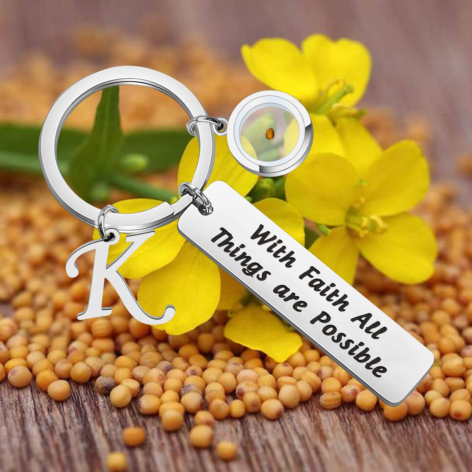 ENSIANTH Faith Mustard Seed Gift with Initial Letter With Faith All Things Are Possible Keychain Christian Inspirational Gift Religious Jewelry (K)