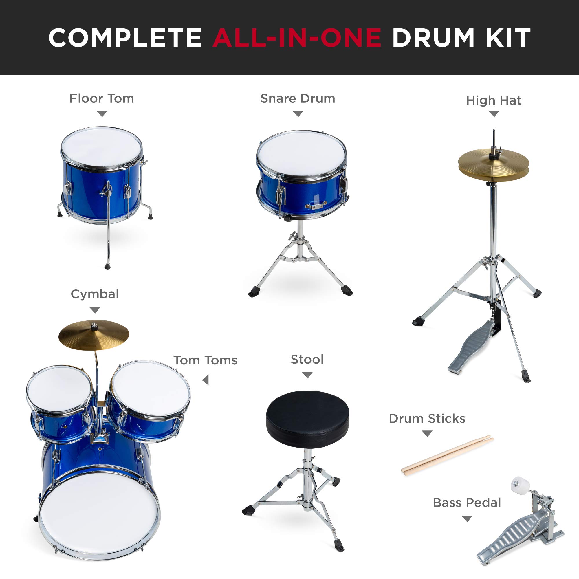 Best Choice Products Kids Drum Set 5-Piece 16in Beginner Drum Set Junior Drum Kit, Starter Percussion Set w/Cymbals, Pedal, Drumsticks, Stool, Toms, Snare, Hi Hat - Blue