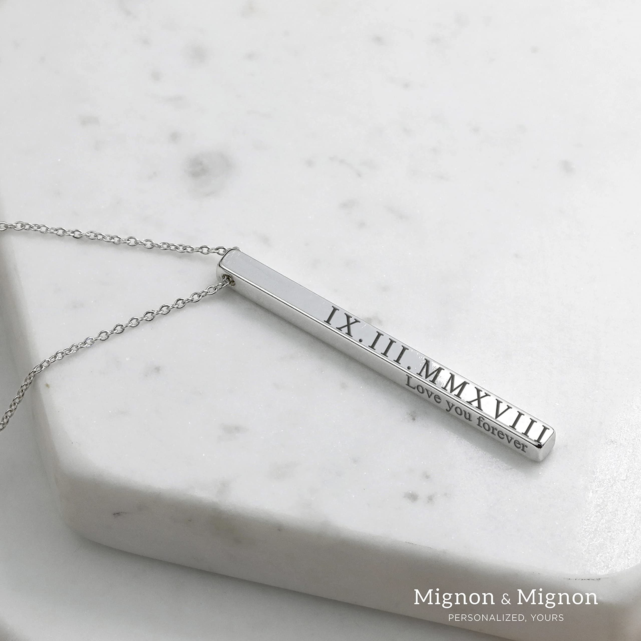 MignonandMignon Personalized Vertical Bar Necklace Coordinate Jewelry Mothers Day Gifts for Her Roman Numeral Graduation Gift Engraved 3D Necklaces for Women Initial Necklace - 4SBN