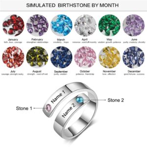 Love Jewelry Personalized Spiral Twist Ring with 2 Round Simulated Birthstones Custom Engraved Names Promise Rings for Women (silver)