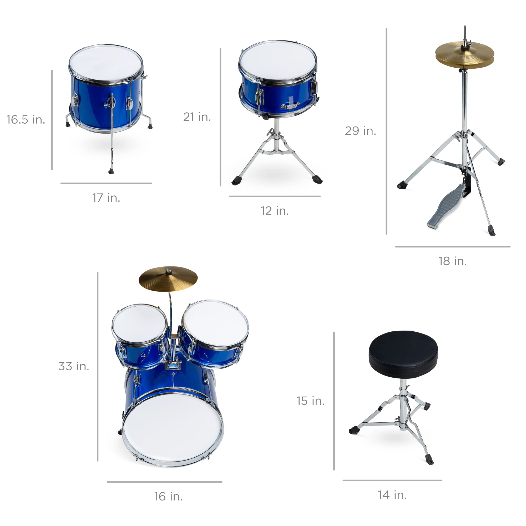 Best Choice Products Kids Drum Set 5-Piece 16in Beginner Drum Set Junior Drum Kit, Starter Percussion Set w/Cymbals, Pedal, Drumsticks, Stool, Toms, Snare, Hi Hat - Blue