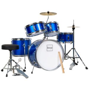 best choice products kids drum set 5-piece 16in beginner drum set junior drum kit, starter percussion set w/cymbals, pedal, drumsticks, stool, toms, snare, hi hat - blue