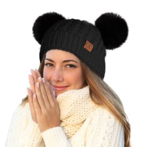 c.c hatsandscarf exclusives cable knit double pom winter beanie (hat-2055) (black-color natural pom)