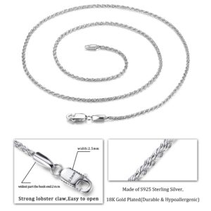 Milacolato 925 Sterling Silver 1.35MM Rope Chain Necklace for Women Men White Gold Plated Durable Italian Silver Necklace Chain Jewelry - Lobster Claw Clasp 16/18/20/22/24 Inches