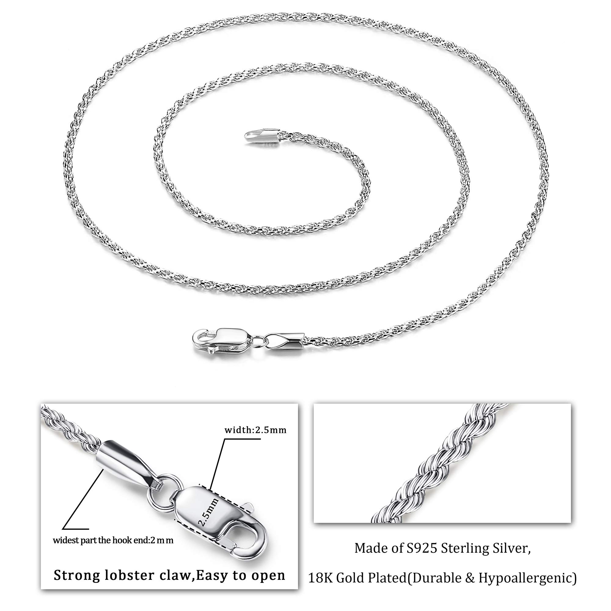 Milacolato 925 Sterling Silver 1.35MM Rope Chain Necklace for Women Men White Gold Plated Durable Italian Silver Necklace Chain Jewelry - Lobster Claw Clasp 16/18/20/22/24 Inches