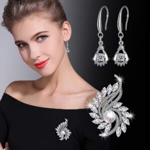 BCCloud Party Holiday Wedding Brooch for Women and 925 Sterling Silver Earrings with Glitter Pearl Rhinestone Jewelry Set for Women