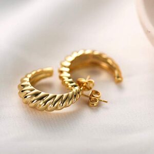 14K Gold Plated Croissant Earrings Twisted Round Hoop Earrings Chunky Hoop Earrings 925 Sterling Silver Post Earrings Huggies with CZ for Women and Gift for Her