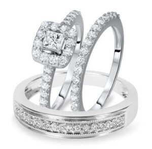 pb collection his and hers cubic zirconia engagement wedding trio ring set 14k white gold plated 925 silver women's size 13 & men's size 9