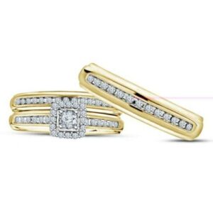 pb collection his and hers cubic zirconia (cz) engagement wedding trio ring set 14k two tone gold plated sterling silver 925 women's size 7 & men's size 7