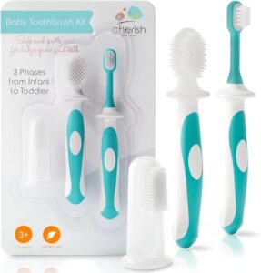 cherish baby care award-winning baby toothbrush set (3-24 months) - baby finger toothbrush, training toothbrush & toddler toothbrush - bpa-free infant toothbrush set, baby first toothbrush set (teal)