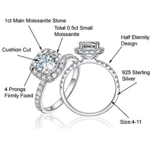 Jansme 1.5ct Cushion Cut Halo Moissanite Engagement Rings for Women Half Eternity 925 Sterling Silver Brilliant Solitaire Square Real Moissanite Engagement Rings Size 5