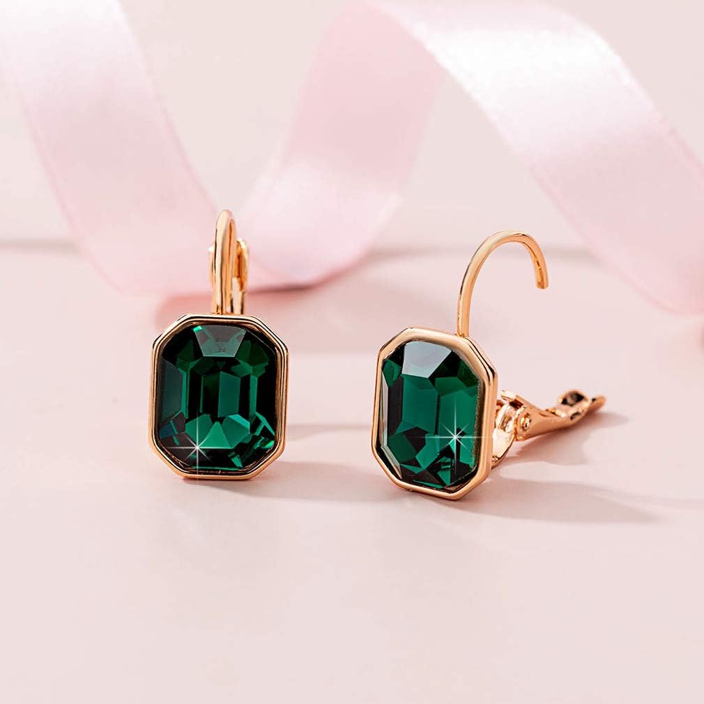 Austrian Crystal Octagon Leverback Drop Earrings for Women 14K Rose Gold Plated Hypoallergenic Jewelry (Emerald)