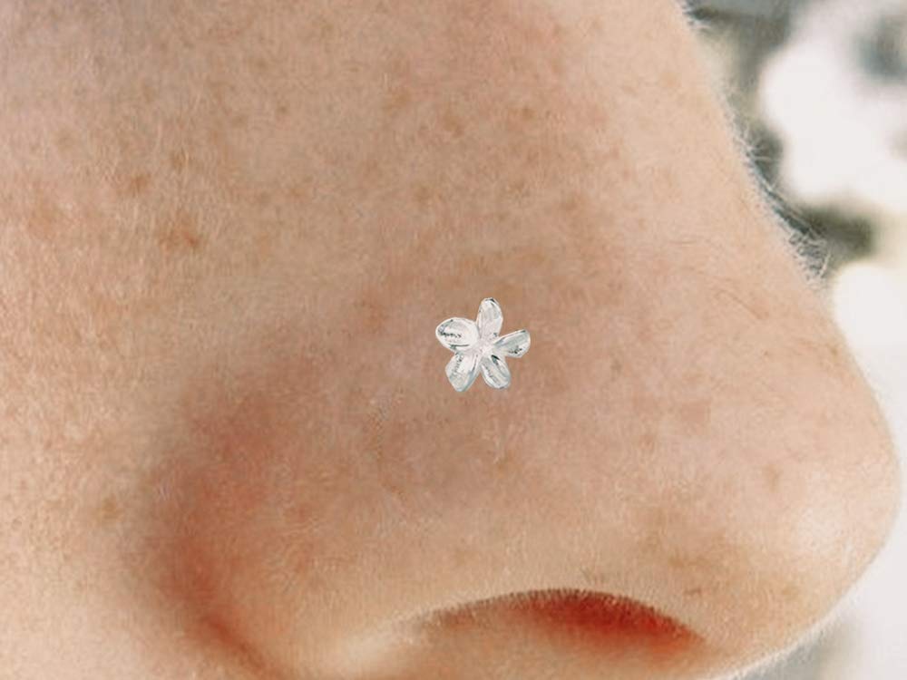 Flower Nose Rings Studs 22 Gauge Body Piercing Jewelry for Women S925 Sterling Silver Tiny Plumeria Cute Ball Bead Labret Screw Nose Stud Post Pin Hypoallgenic Dainty Body Jewelry