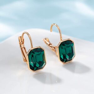 Austrian Crystal Octagon Leverback Drop Earrings for Women 14K Rose Gold Plated Hypoallergenic Jewelry (Emerald)