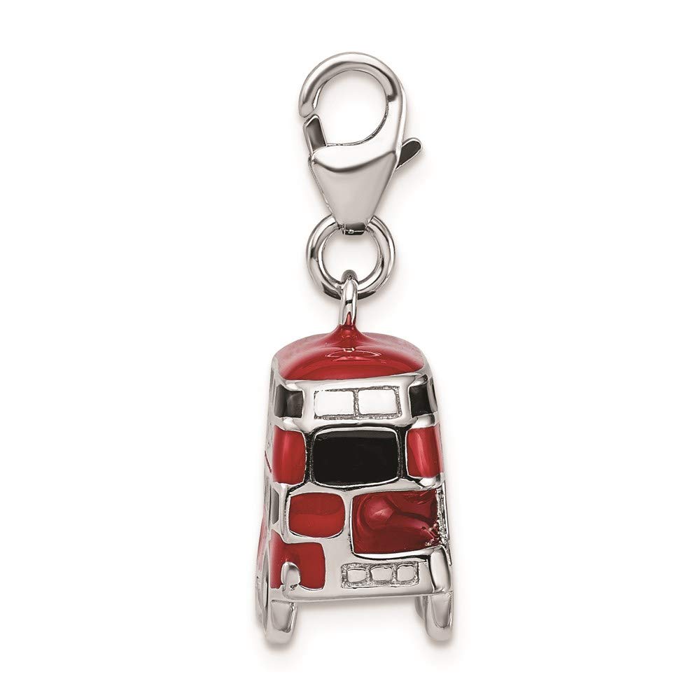 Amore La Vita Sterling Silver Rhodium-plated Polished 3-D Enameled Double Decker London Bus Charm with Fancy Lobster Clasp QQCC445