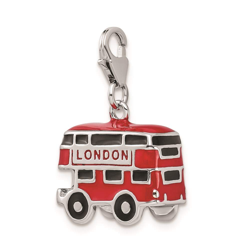 Amore La Vita Sterling Silver Rhodium-plated Polished 3-D Enameled Double Decker London Bus Charm with Fancy Lobster Clasp QQCC445