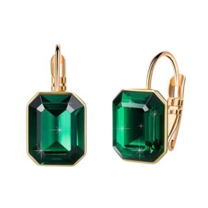 austrian crystal octagon leverback drop earrings for women 14k rose gold plated hypoallergenic jewelry (emerald)