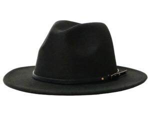 women's felt panama hats classic wide brim rancher fedora with belt buckle (black, 56-58cm/22-22.8in)