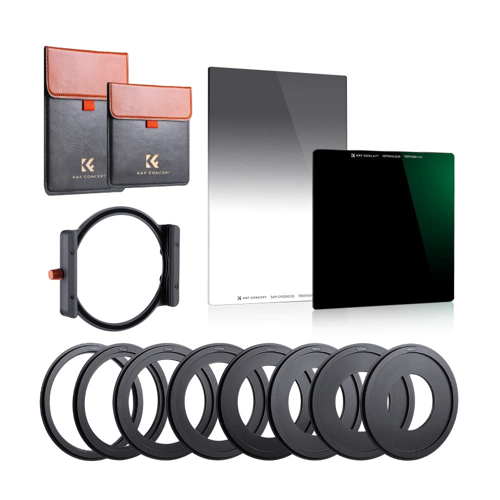 K&F Concept 100mm Square ND1000 (10 Stop) Filter +150mm Soft GND8 Filter (3 stops) + Metal Filter Holder + 8 x Filter Adapter Rings Square ND Filter Kit for Camera Lens