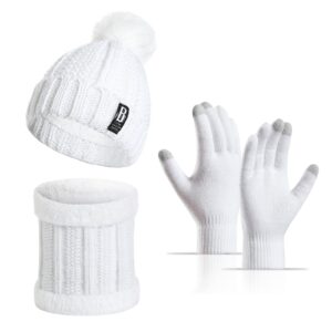 pom beanie hat scarf gloves set 3 in 1 warm thick lining slouchy beanie hats scarf touch screen gloves for womens girls (white)