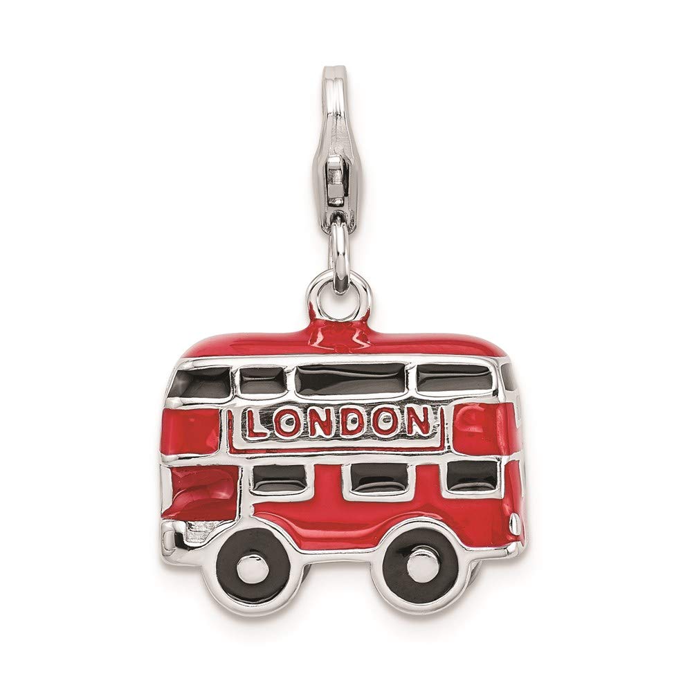 Amore La Vita Sterling Silver Rhodium-plated Polished 3-D Enameled Double Decker London Bus Charm with Fancy Lobster Clasp QQCC445